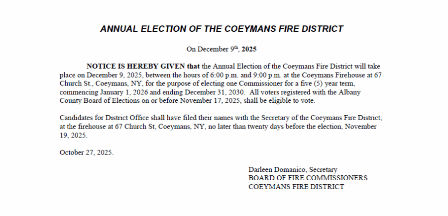 PUBLIC NOTICE: Coeymans Fire District Elections | Town of Coeymans, New ...